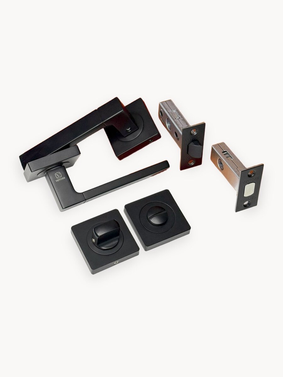 Ручка дверная VETTORE с фиксатором и задвижкой, универсальная, чёрная матовая