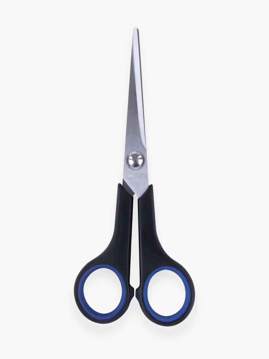 Ножницы канцелярские универсальные для бумаги и картона Brauberg Soft Grip, 165 мм, черно-синие, резиновые вставки, 3-х сторонняя заточка, 230761