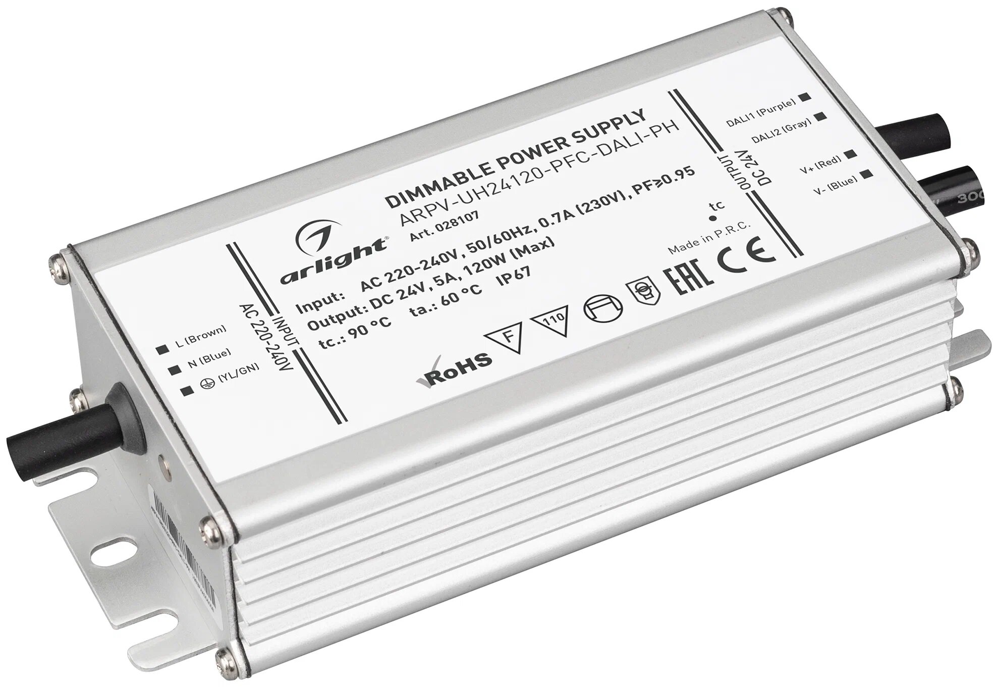 Блок питания ARPV-UH24120-PFC-DALI-PH (24V, 5.0A, 120W) (Arlight, IP67 Металл, 7 лет) Артикул 028107