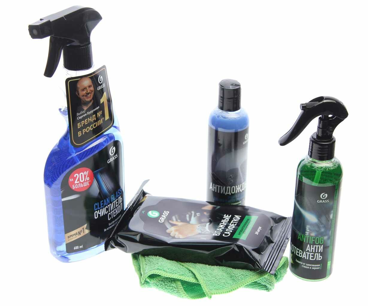 Набор для авто (очиститель стекол, антизапотеватель, антидождь, влажные салфетки, микрофибра), 800626, GRASS