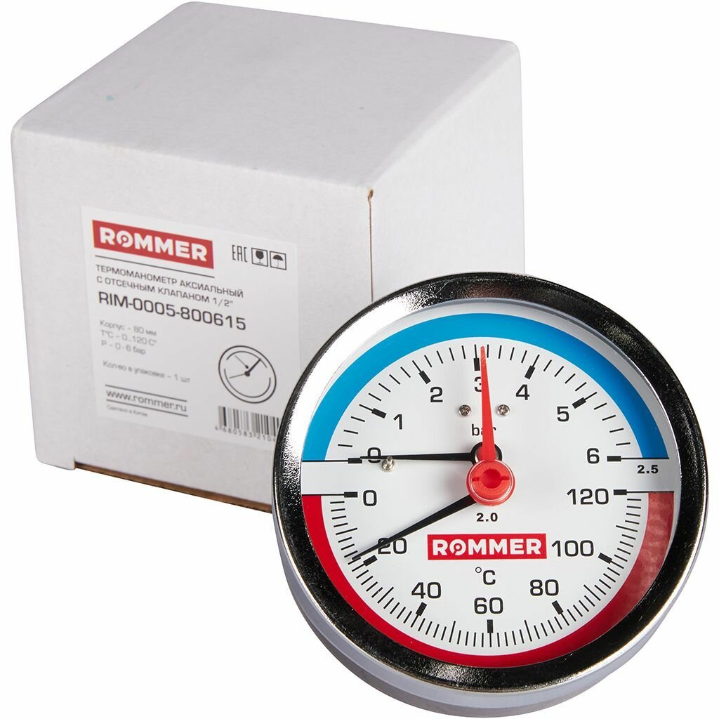 Термоманометр Rommer ф1/2" НР на 6 бар, корпус 80 мм аксиальный