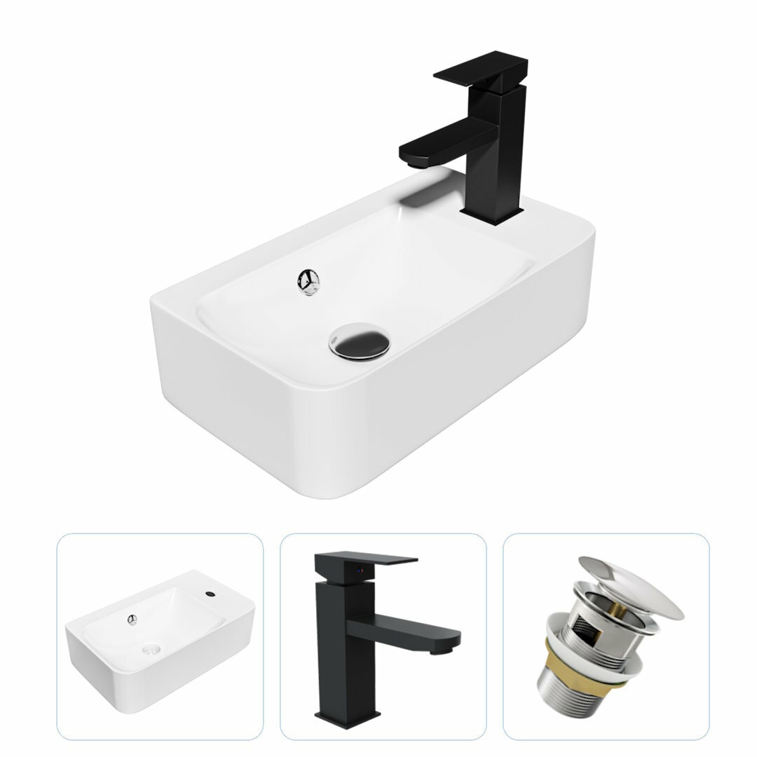 Раковина подвесная для ванной Teymi Hanna 45 правая в комплекте смеситель черный матовый и донный клапан клик-клак с переливом хром F07723