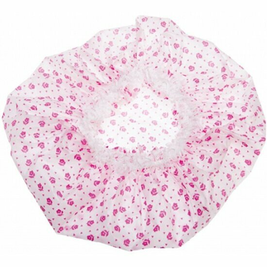 Шапочка для душа Dewal Beauty белая с розовыми цветами, 1шт