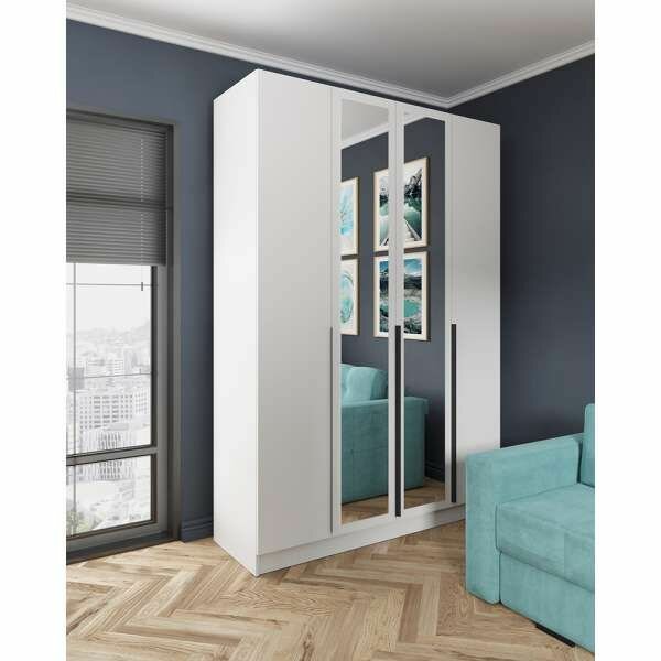 Шкаф распашной" Мадрид" Четырехдверный Белый, ЛДСП, С полками, штангами, зеркалом, вещей 1600х2300х540 тэкс