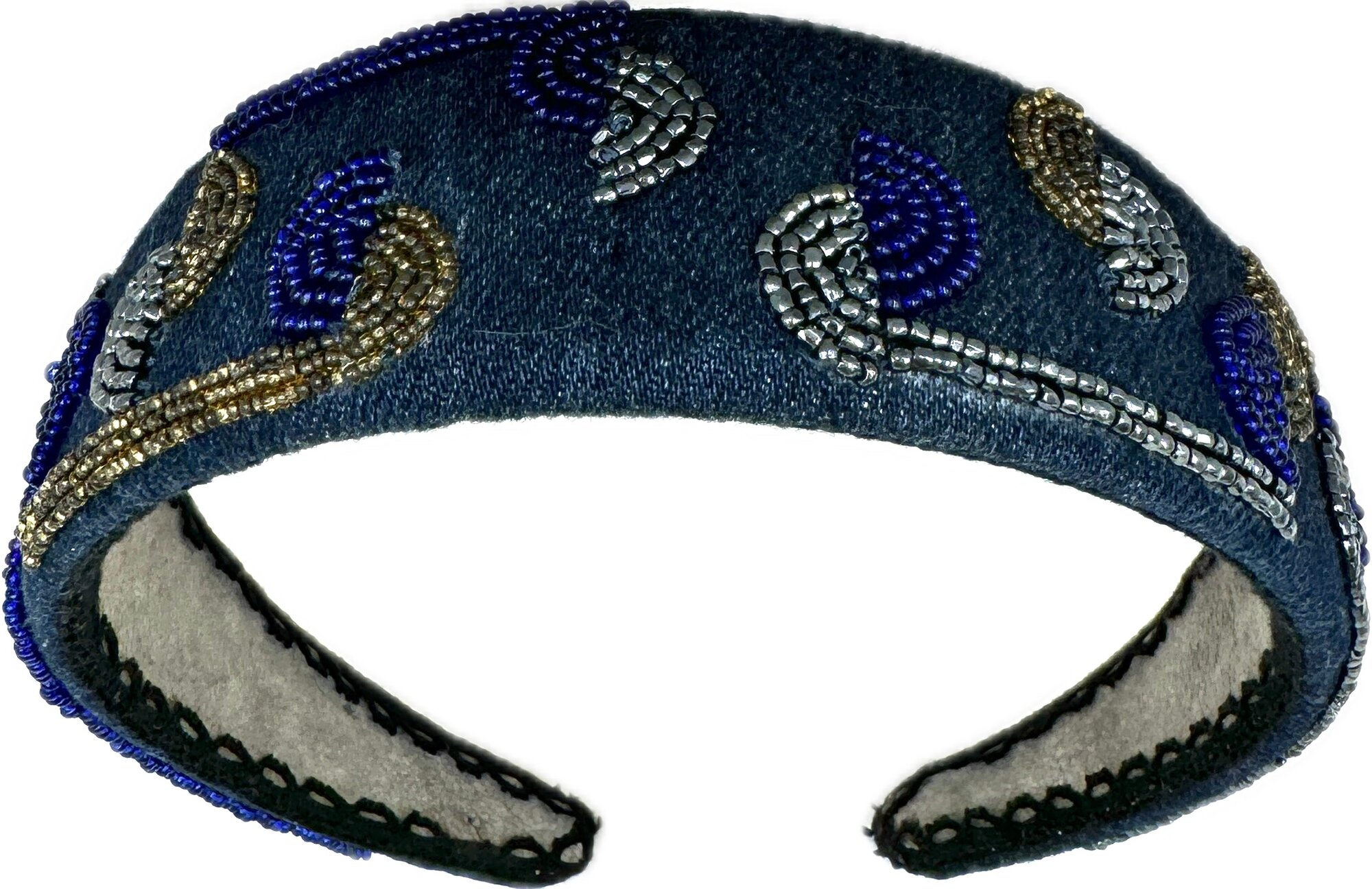 Ободок джинсовый с бисерной вышивкой "Узоры"