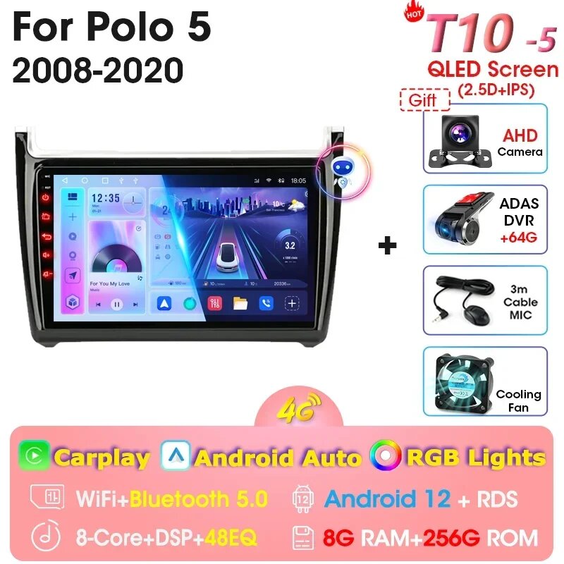Автомагнитола 2 Din Android 12 для Volkswagen VW polo 5 Седан 2008 - 2020 мультимедийный плеер Carplay Стерео GPS DVD головное устройство 4G Wifi T10-5-MIC-FS-CAM-DVR