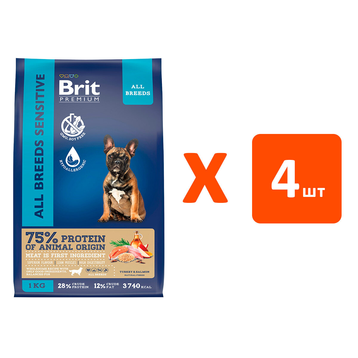BRIT PREMIUM DOG ADULT SENSITIVE для взр собак всех пород с чувст пищ с лососем и индейкой NEW 1 кг х 4 шт
