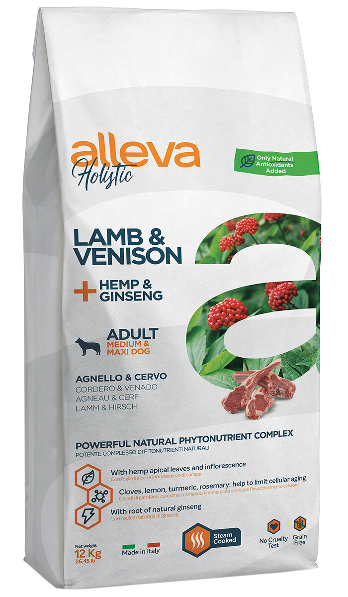 ALLEVA HOLISTIC ADULT DOG MEDIUM/MAXI LAMB & VENISON беззерн взрослые собаки средних/крупных пород ягненок/оленина/конопля/женьшень (2 кг х 6 шт)