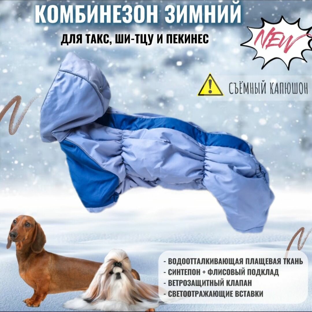Комбинезон зимний/демисезон "ZOO" со съемным капюшоном для такс, пекинесов, ши-тцу, серый/бирюзовый, ТМ-2(38см)