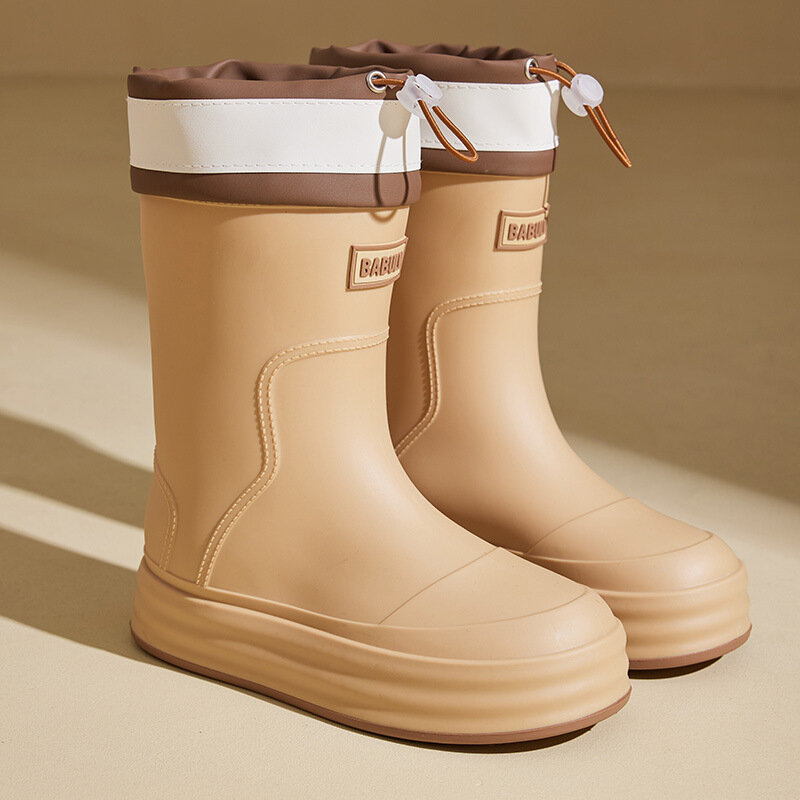 Летние полусапожки, модные резиновые сапоги, женские резиновые сапоги со шнурком и подгибкой, для улицы, для кухни, работы, резиновая обувь из ПВХ, водонепроницаемая обувь плюс бархат