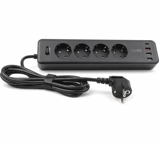 Сетевой фильтр TopOn TOP-PWS4 4 розетки, 3 USB, Type-C, PD 20W QC3.0, 4000W, 3м Черный TOP-PWS4B-3