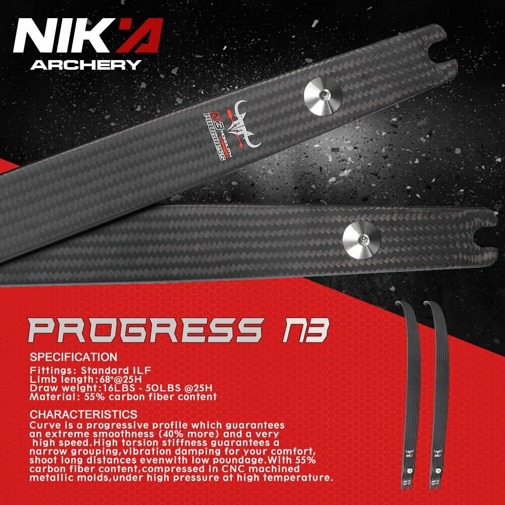 Nika Archery N3 Recurve Bow Limbs 55% Carbon Fiber 22-46lbs 42LBS