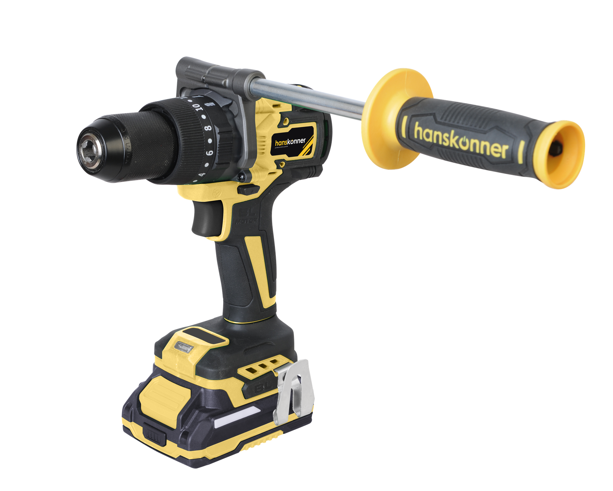 Дрель бесщёточный, ударная Hanskonner PLATINUM,18В, 1BatterySystem,165Нм, аккумулятор 2+4Ач, кейс HS, желтый/черный