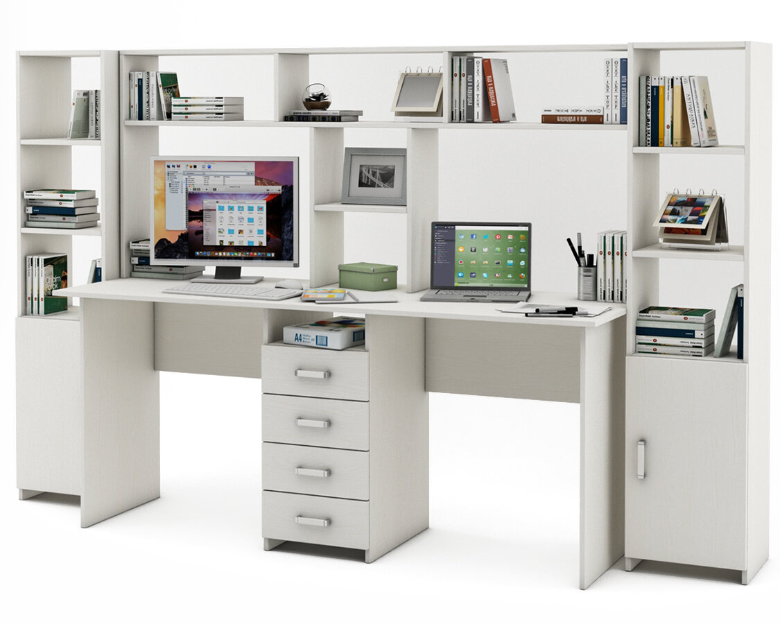 Стол письменный, компьютерный для школьника Лайт (Ньюкасл) 11 для двоих с надстройкой белое дерево