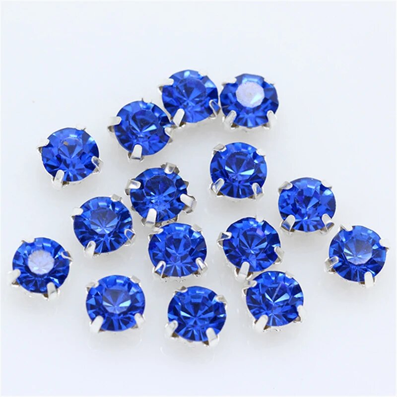 Стеклянные кристаллы 3-10 мм, серебряная основа с когтями, AB, прозрачные Синий, 4mm 100pcs, 02