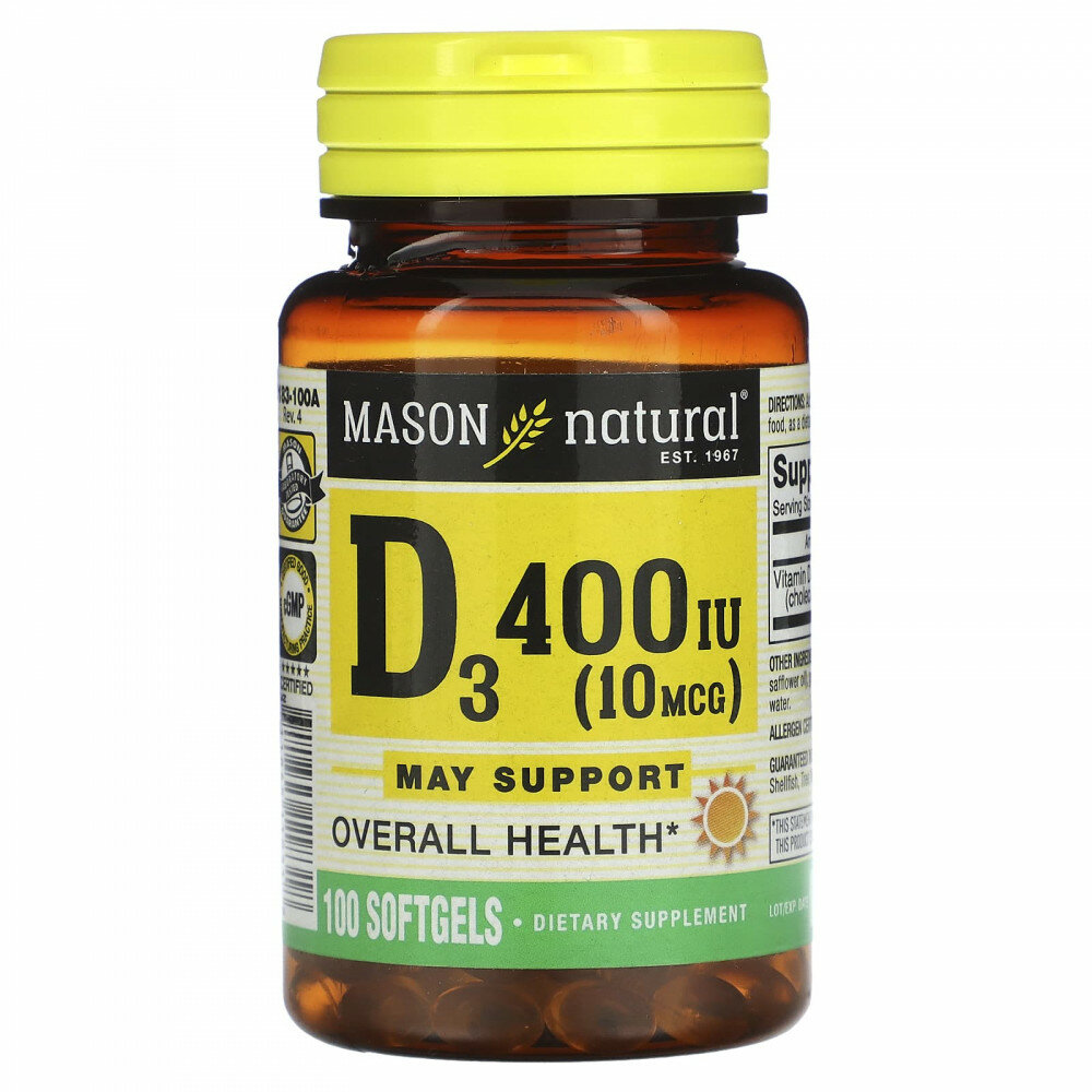 Mason Natural, Витамин D3, 10 мкг (400 МЕ), 100 мягких таблеток