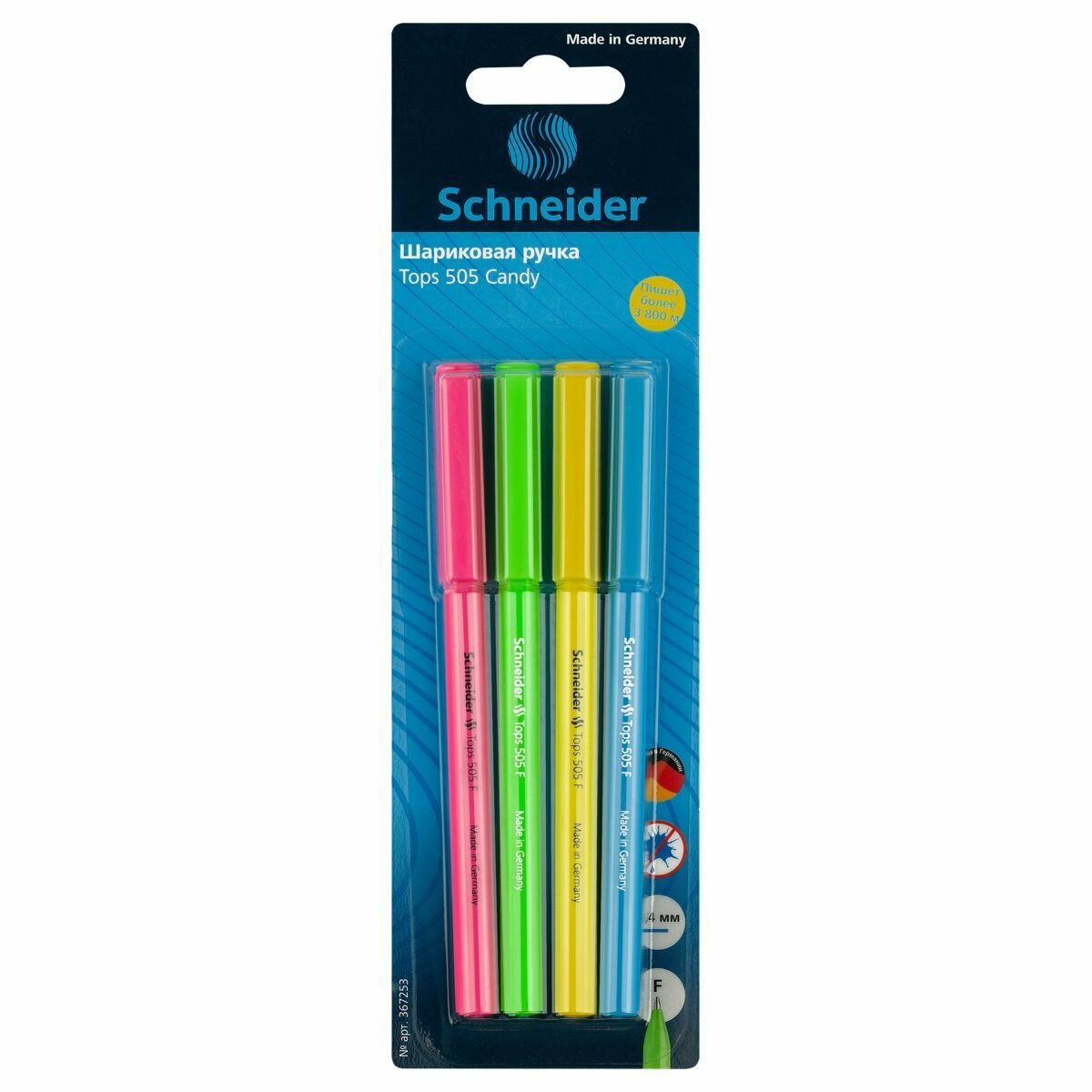 Набор шариковых ручек Schneider Tops 505 F Candy (0.4мм, синие, корпус неон) блистер, 4шт. (367253), 100 уп.