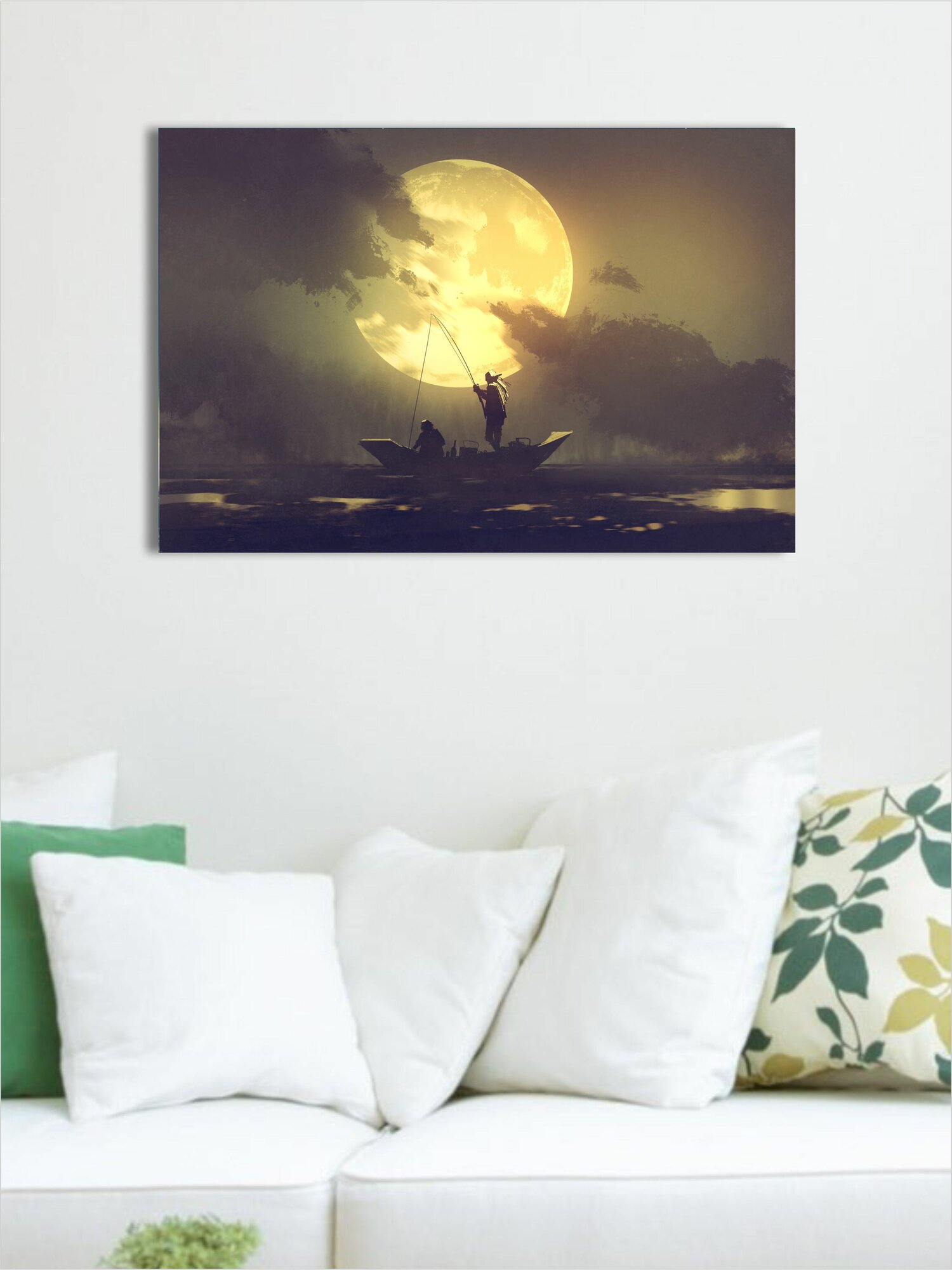 Картина для интерьера на стену фэнтези. Рыбаки в лодке на фоне луны 50х70 см на холсте на подрамнике