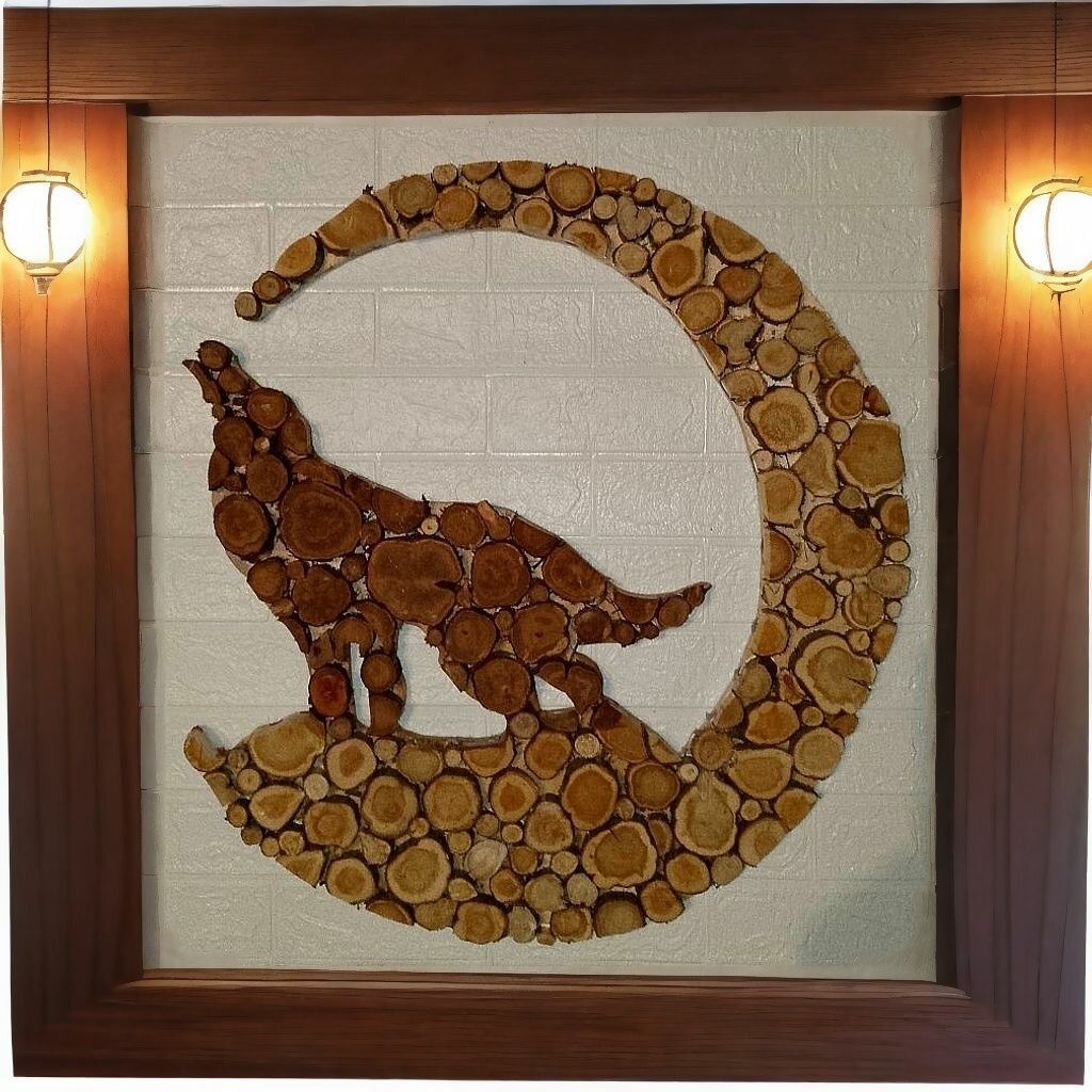 Панно из можжевельника "Волк воет на луну" 70х65 см.