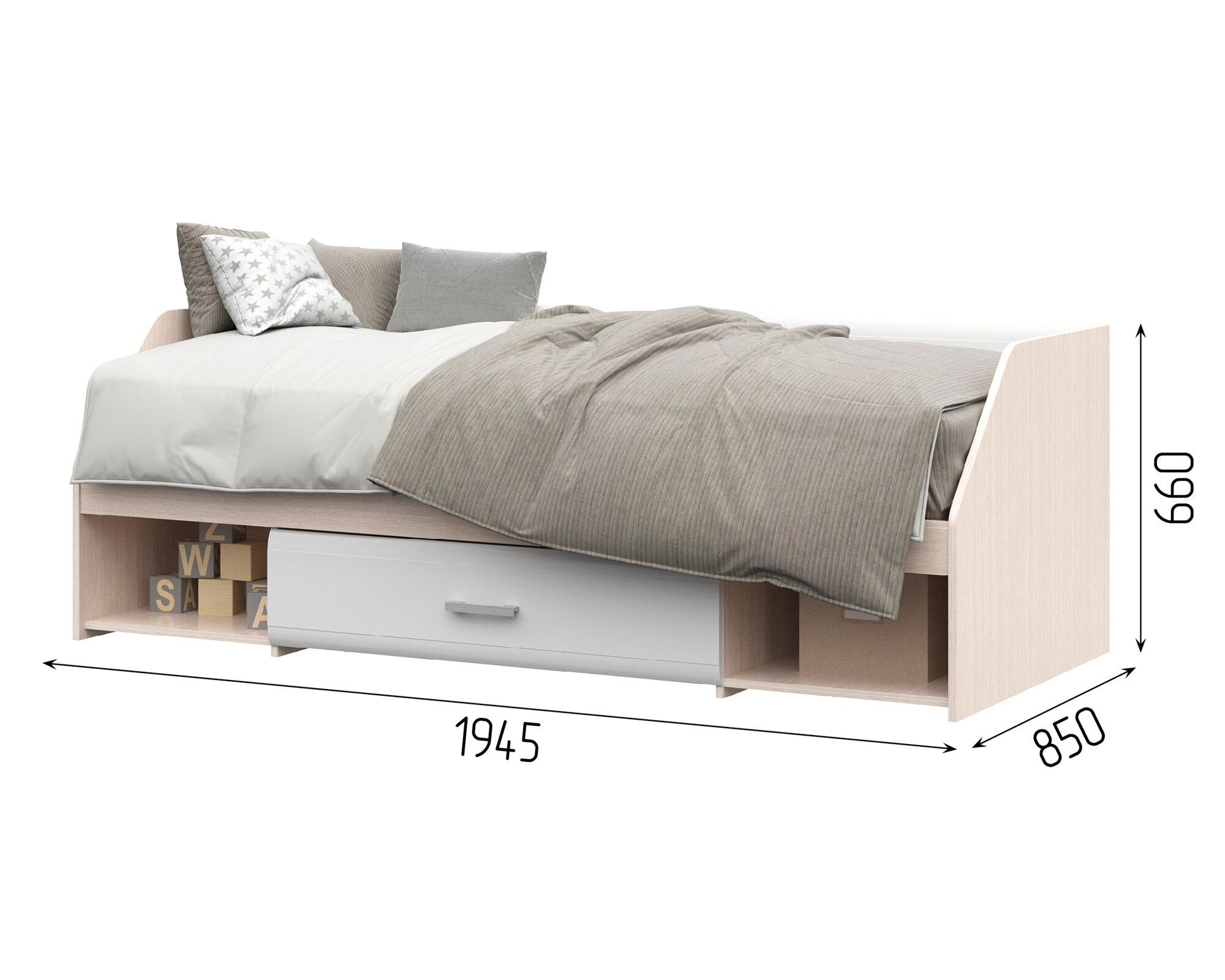 Кровать 80х190 Симба одноярусная (1942*660*840), цвет Дуб белфорт/белый глянец Стендмебель