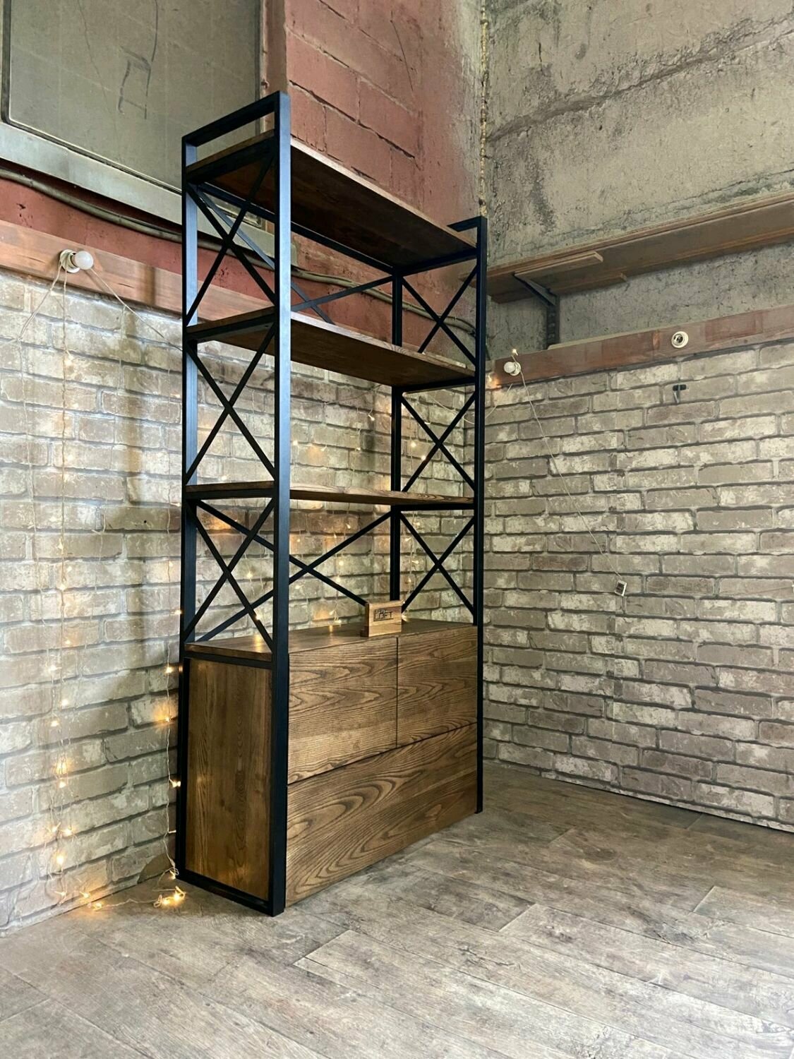 Стеллаж "EasyLOFT" в стиле лофт, с ящиками, массив ясеня, 100х40х210 см.