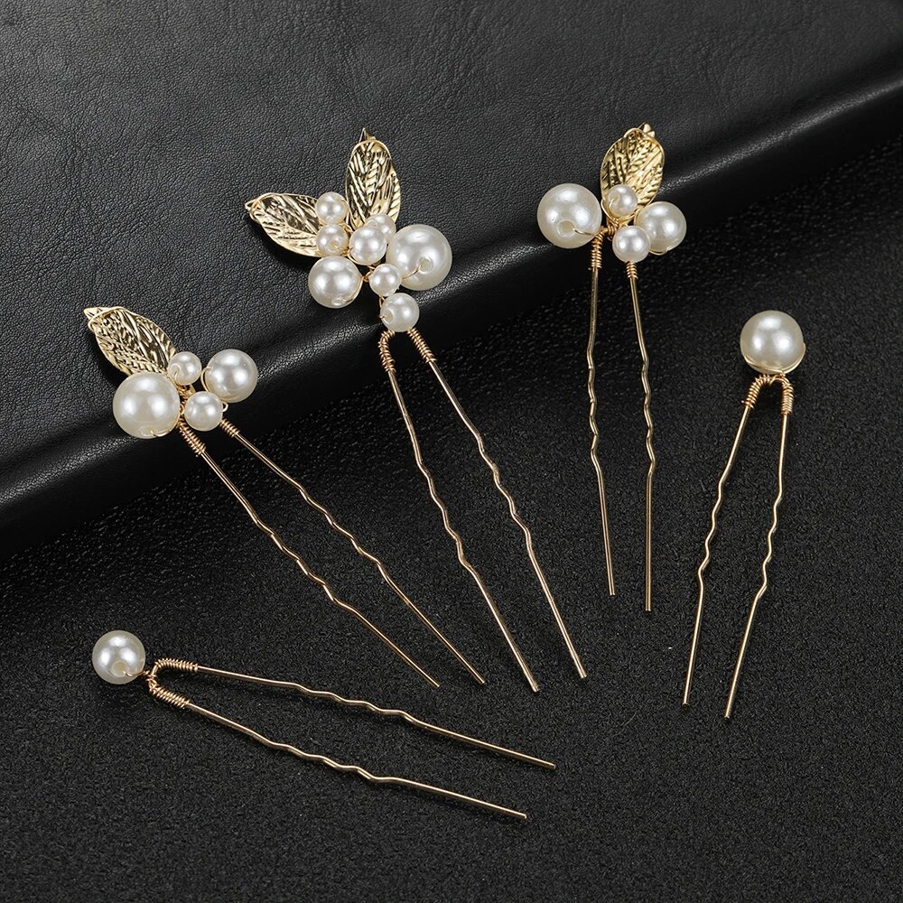 Женская U-образная шпилька для волос, заколка для волос с золотыми листьями из сплава, модная повседневная боковая шпилька для девочек, свадебная бижутерия для невесты, 5 шт.
