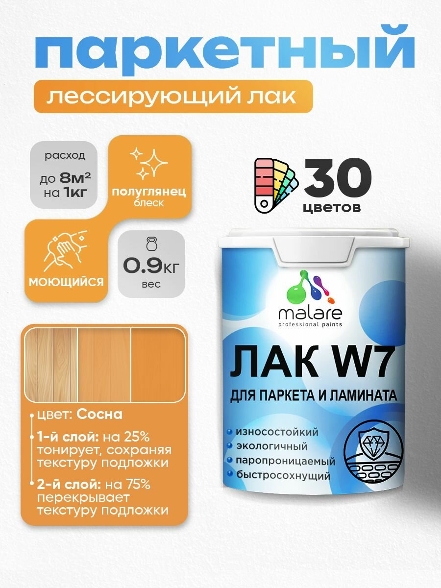 Лак колерованный тонирующий для паркета и ламината Malare W7 для дерева и минеральных поверхностей, износостойкий, водный без запаха, полуглянцевый, сосна, 0.9 кг.