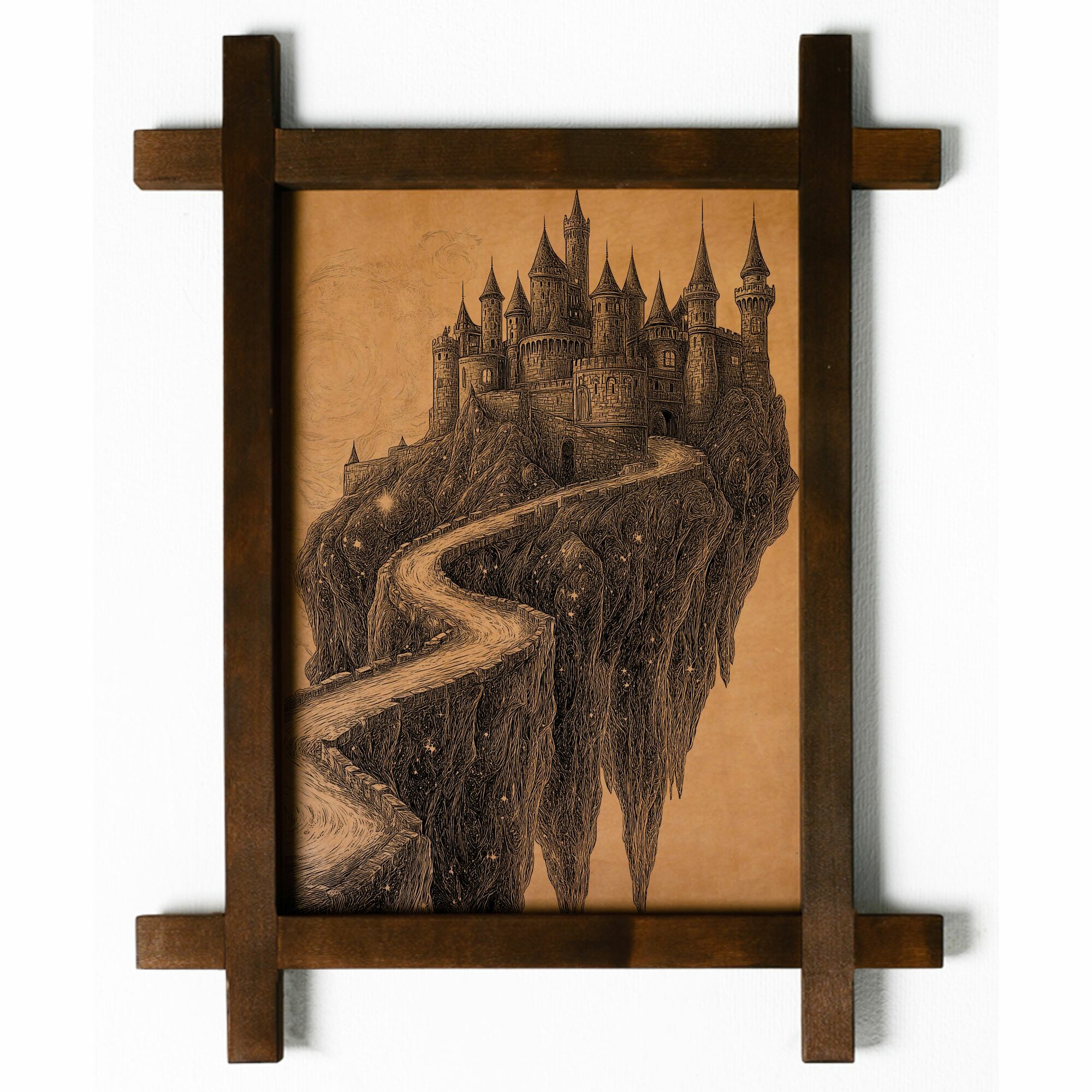 Интерьерная картина из натуральной кожи "Магический замок", декоративное настенное панно в деревянной раме, BoomGift