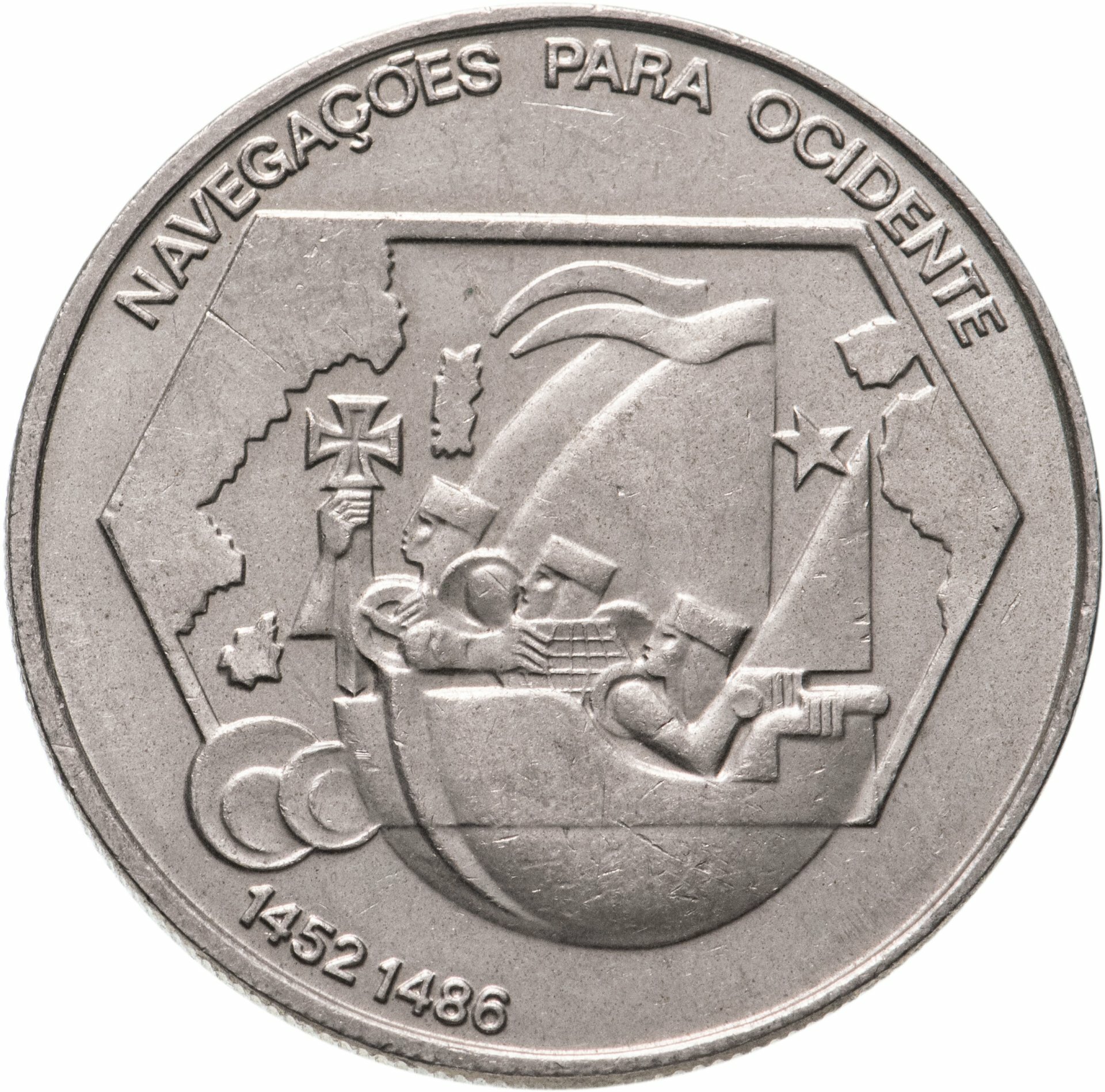 Португалия 200 эскудо escudos 1991 "Навигация на запад", Мельхиор медь-никель, в сохранности XF-AU