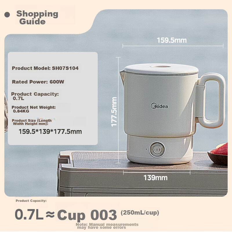 Midea [Government Subsidy] Portable Electric Kettle, Foldable Electric Water Boiler, Travel Stainless Steel Electric Water Cup, Health-Preserving Milk-Making Cup, Student Instant Noodle Cup SH07S104