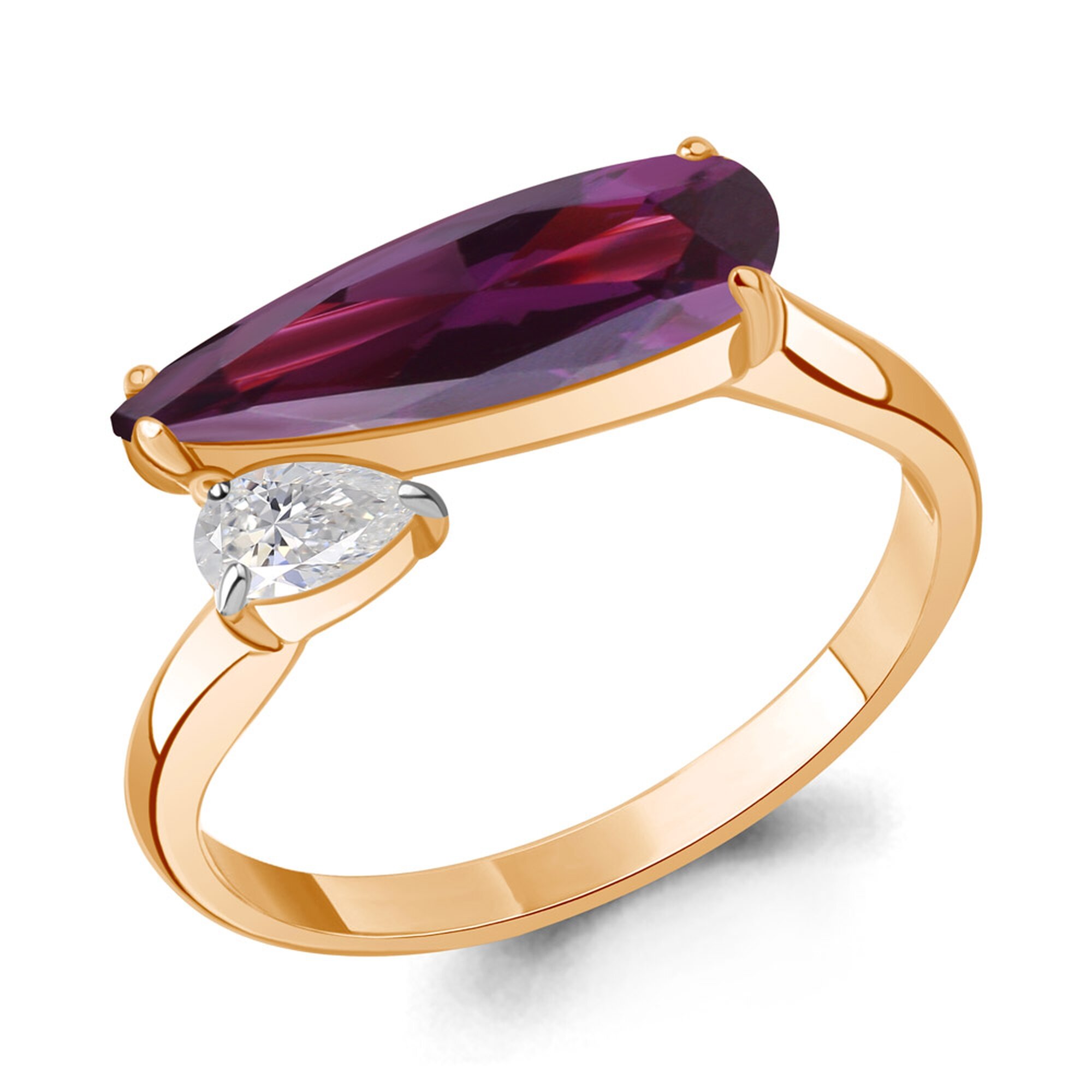 Кольцо, серебро, 925 проба, золочение, аметист, фианит