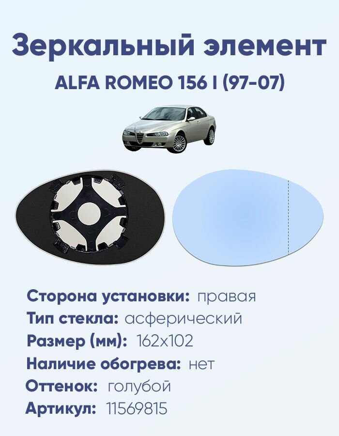 Зеркальный элемент правый ALFA ROMEO 156 I (97-07) асферика голубой без обогрева