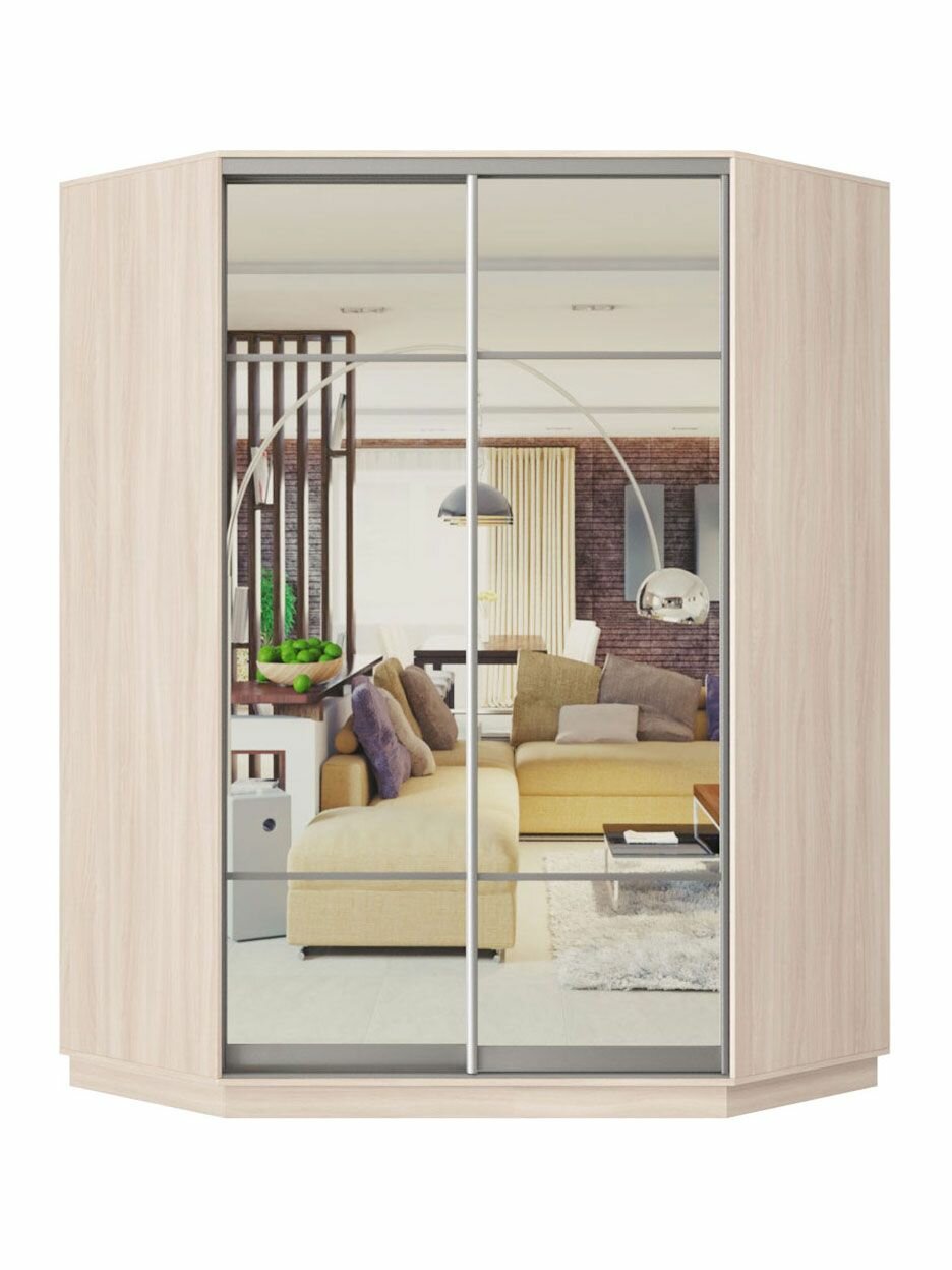 Шкаф-купе Маршал Лайт угловой, с зеркалом, с полками, со штангой, 110х45х220 см, Ясень Шимо светлый