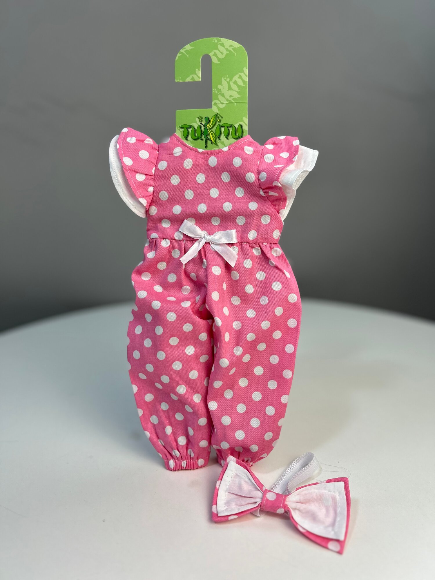 Одежда для кукол 40 см: комбинезон розовый в горох, повязка, арт. 127
