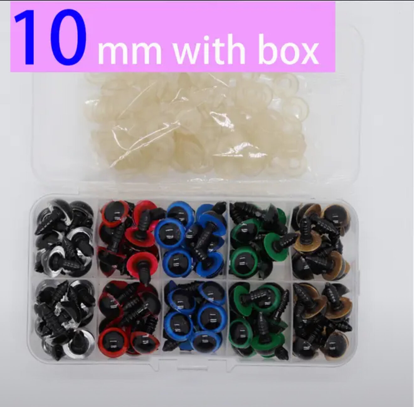 Глазки для мягких игрушек 10 мм набор №2, для рукоделия, с фиксатором, полупрозрачные, цветные, 100 штук