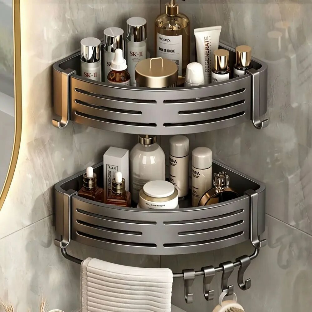 AIMOSI Самоклеющаяся Полка для ванной комнаты Угловая 2 ярусная, Легкая роскошь, Алюминиевые Серый металлик 2 шт.