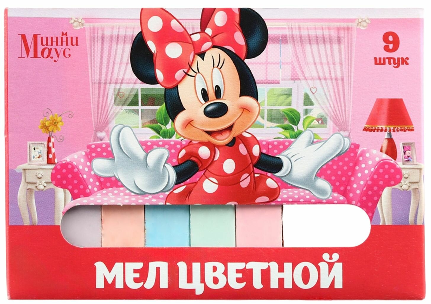 Цветные мелки "Минни Маус" для письма и рисования на асфальте и школьной доске, прямоугольный мел для детского творчества, в наборе 9 шт.