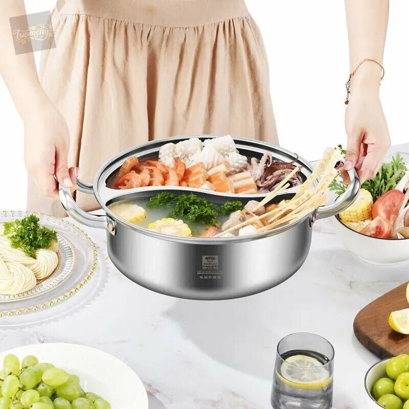 Кастрюля Kangbahe Yuan Yang Hot Pot, нержавеющая сталь, антипригарная, для хого, с ложками