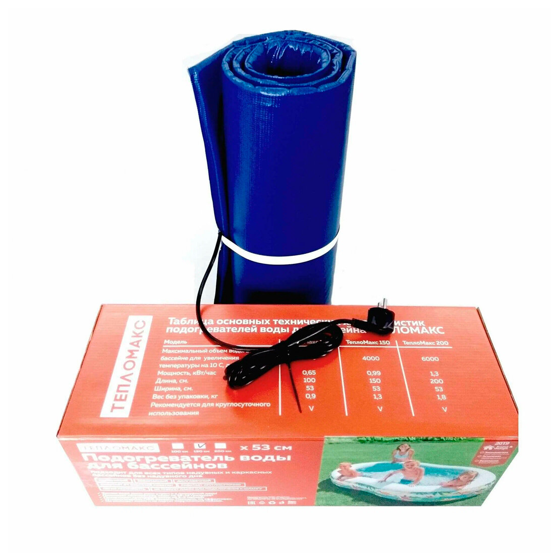 Электроподогреватель для воды в бассейне ТеплоМакс ТМ100 до 2000 л, 0.65 кВт, 100х53 см, синий