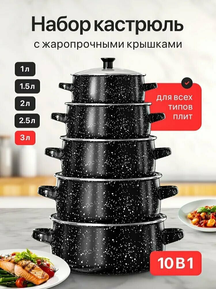 Набор эмалированных кастрюль K5-11, 5шт, с крышками, для индукционной плиты