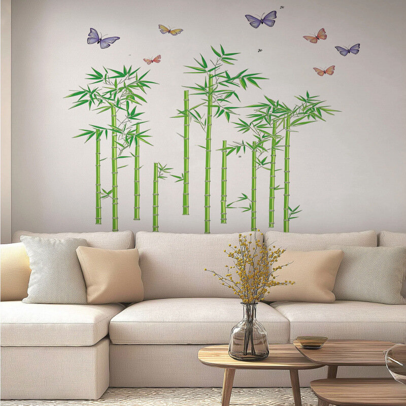 Наклейки на стену «Бамбуковый лес» с бабочками и птицами, самоклеящиеся обои из ПВХ для гостиной, спальни, декора телевизора, съемные настенные художественные наклейки