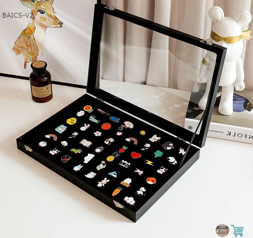 Коробка-шкатулка для значков MyPads, брошек, небольших украшений с мягкой подушечкой и стеклянной крышкой, черный-WXK-cjx2