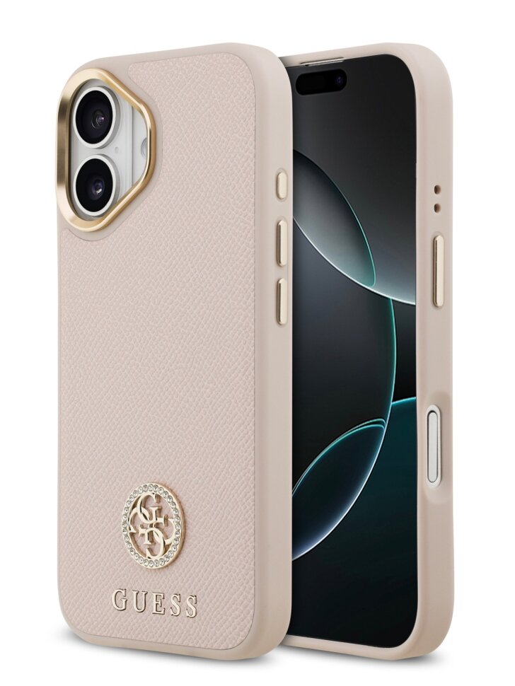 Guess чехол с MagSafe для iPhone 17, зернистая кожа PU 4G Diamond metal logo Gold camera, розовый