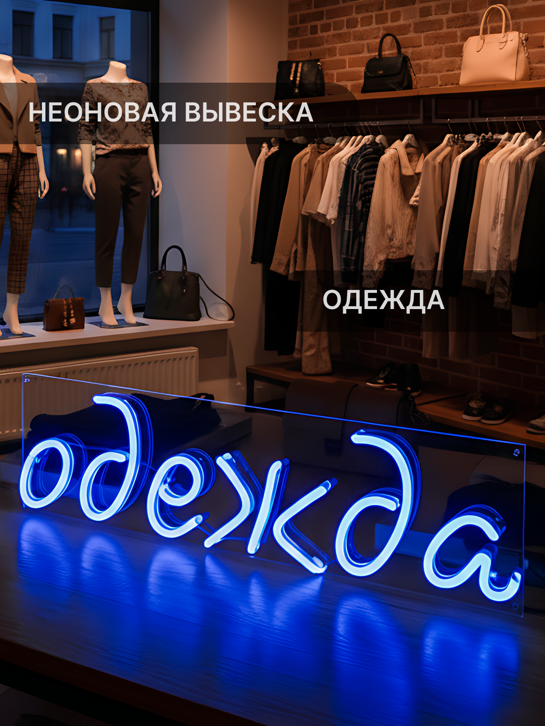 Неоновая вывеска Elmarto Одежда, 40х15 см, синяя, для магазина