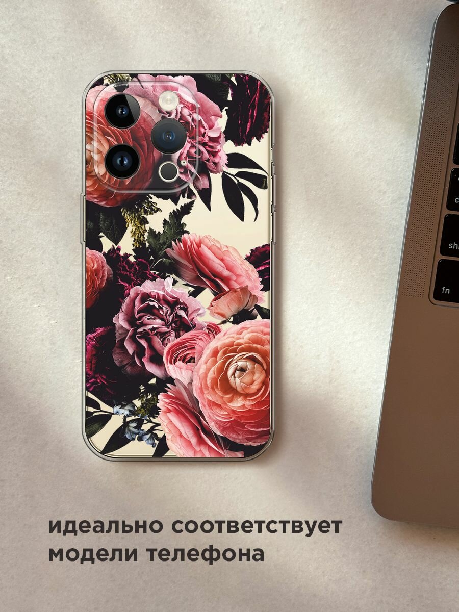 Чехол на Apple iPhone 14 Pro / Айфон 14 Про с принтом "Бордовые винтажные цветы", прозрачный — фото 1