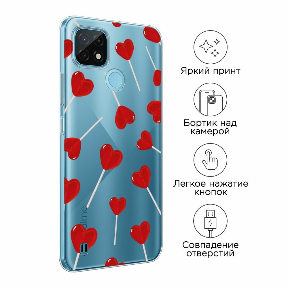 Чехол на Realme C21 / Реалми С21 с принтом "Сердечки-леденцы 2 - 14 февраля", прозрачный — фото 1