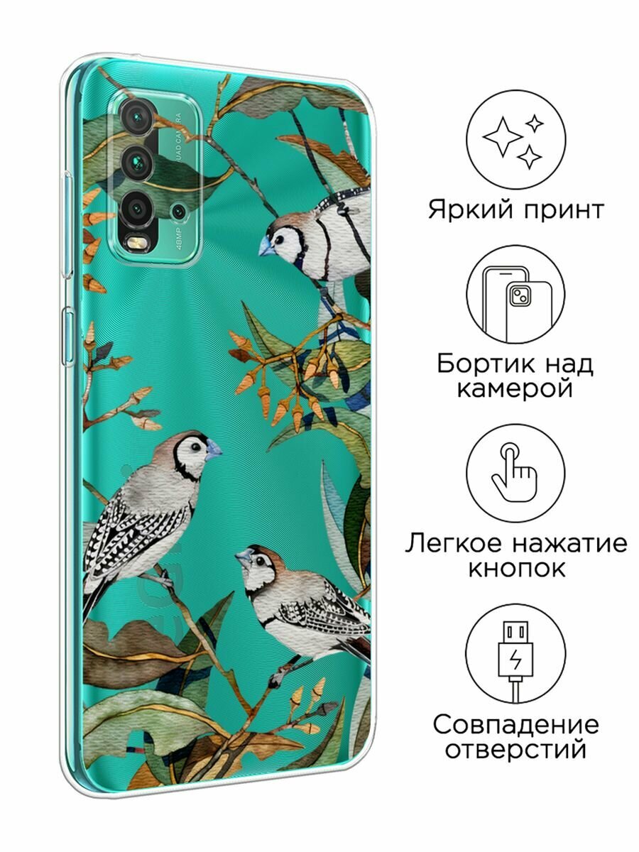 Чехол на Xiaomi Redmi 9T / Сяоми Редми 9Т с принтом "Птицы в листве", прозрачный — фото 1