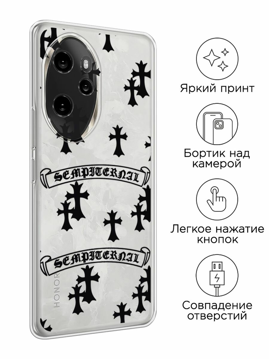 Чехол на Honor 100 Pro / Хонор 100 Про с принтом "Кресты паттерн чёрный", прозрачный — фото 1