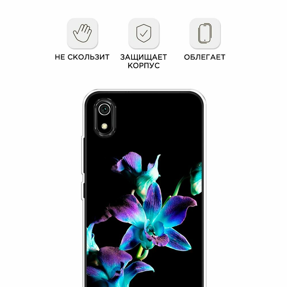 Чехол на Xiaomi Redmi 7A / Сяоми Редми 7А с принтом "Синий цветок на черном" — фото 1
