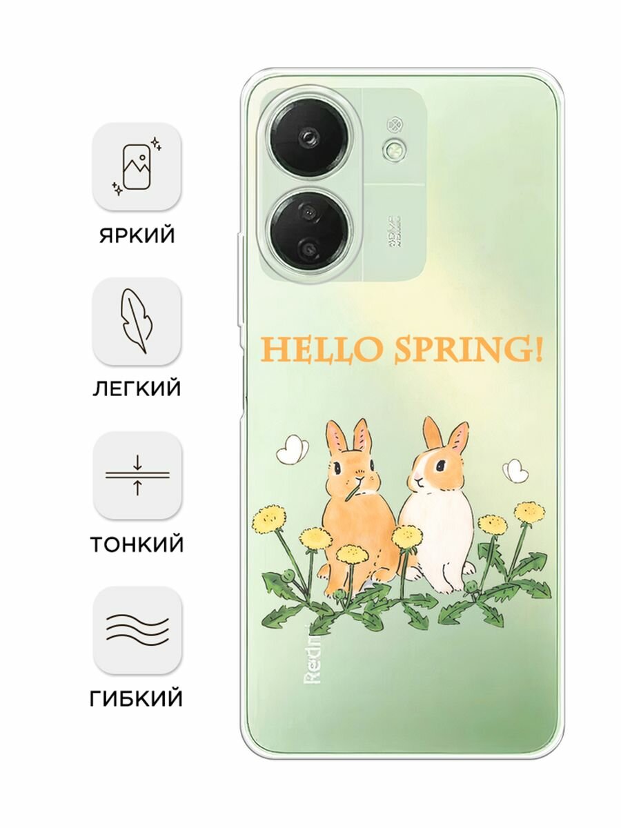 Чехол на Xiaomi Redmi 13C/Poco C65 / Сяоми Редми 13C/Поко С65 с принтом "Весенние кролики", прозрачный — фото 1